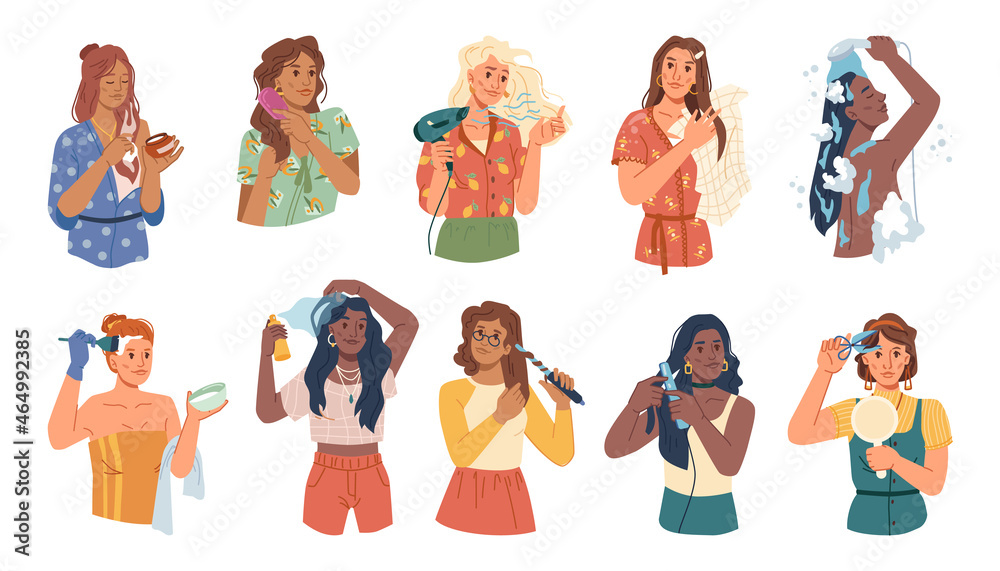 Woman hair-care procedures flat cartoon set. Vector cutting, coloring ...
