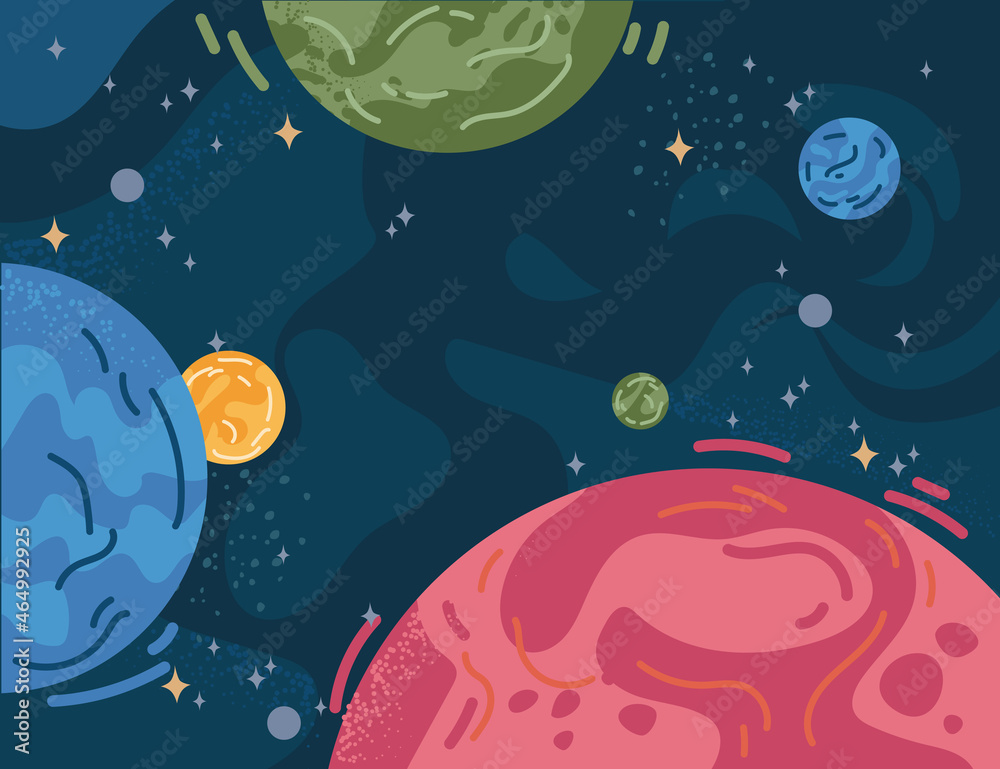 Futuristic solar system planets flat cartoon background. Vector outer ...