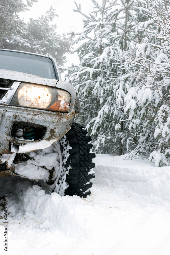 Off-road car in snowdrift on forest road in winter, snow covered trees ...