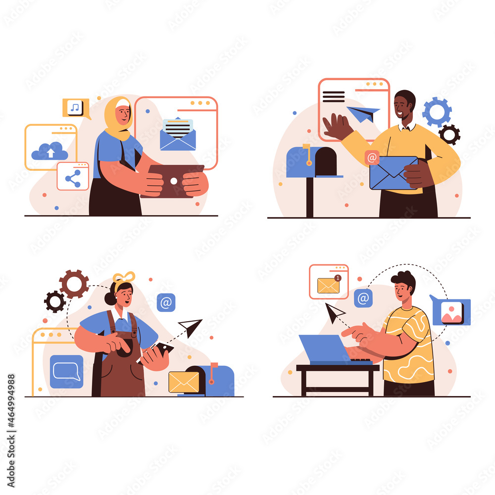 People using Email services concept isolated scenes set. Men and women ...
