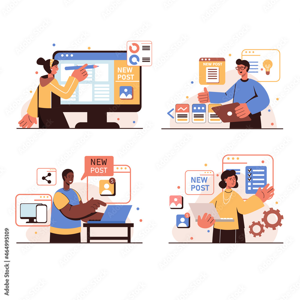 Content manager people concept isolated scenes set. Men and women ...