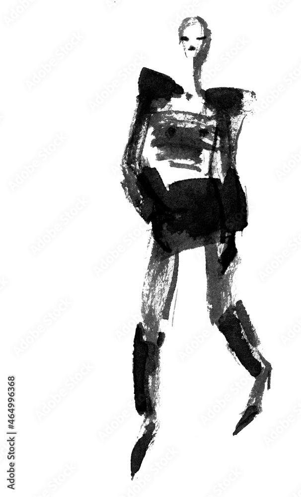 Abstract figure of a fashion girl. Black brush model silhouette ...