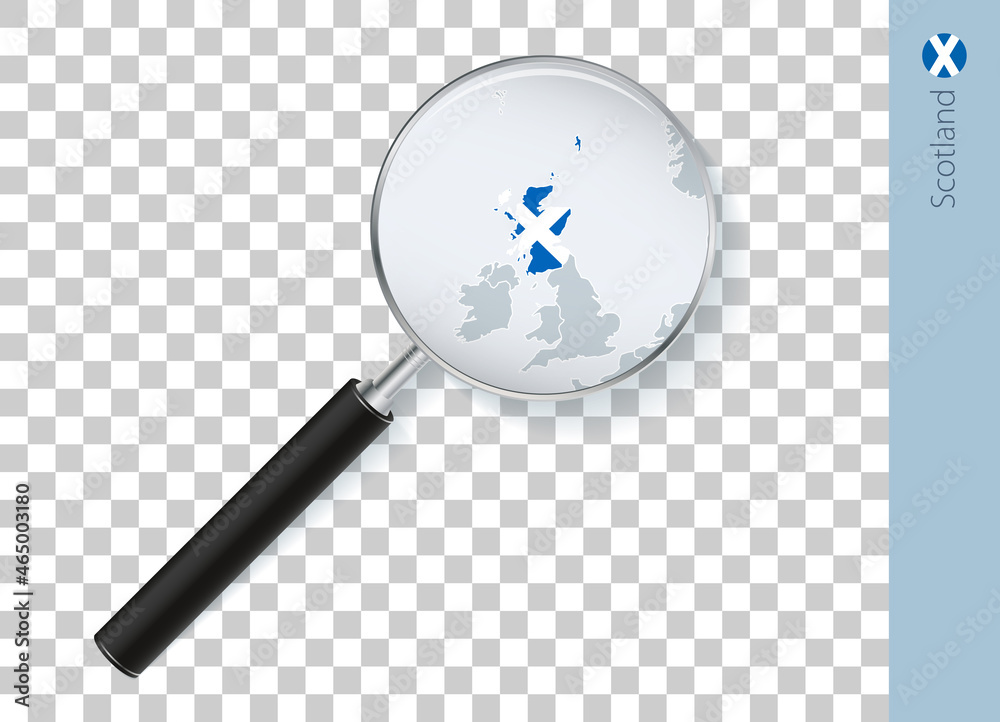 Scotland map with flag in magnifying glass on transparent background ...