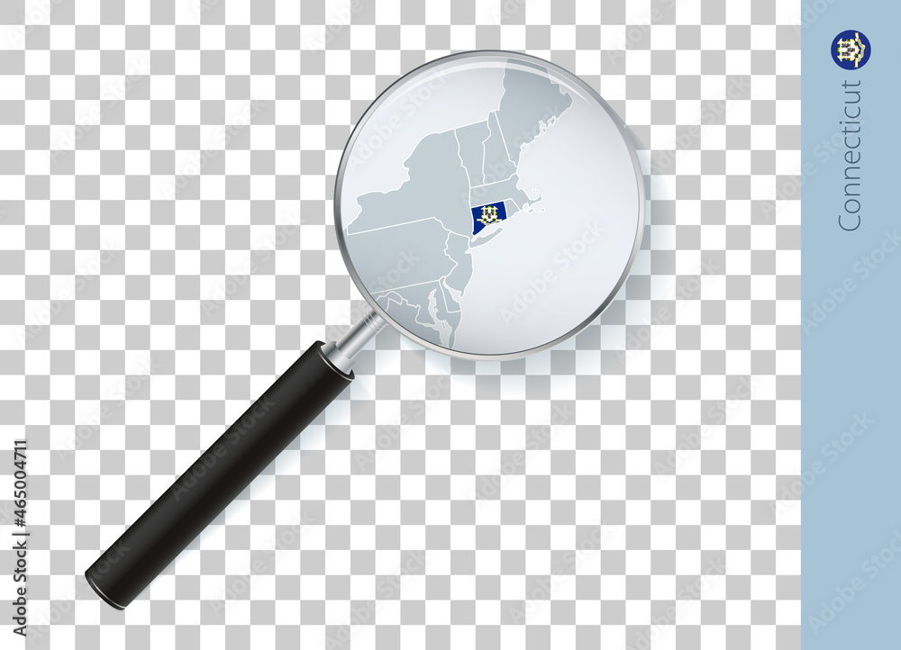 Connecticut map with flag in magnifying glass on transparent background ...
