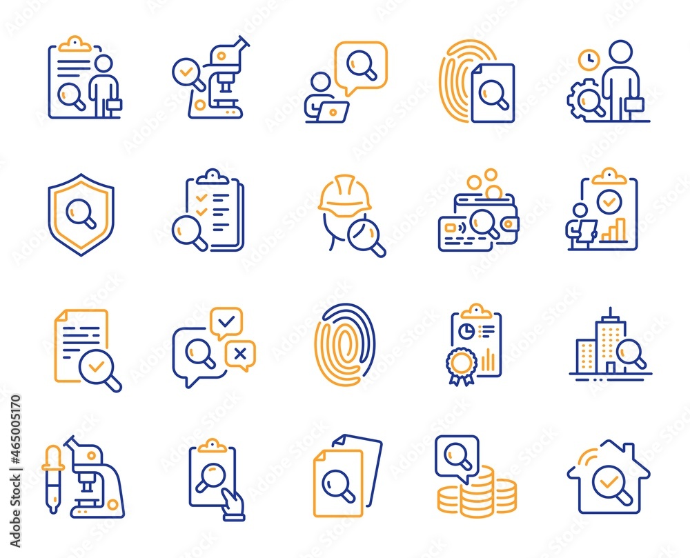 Inspection line icons. Quality research, Testing and Safety check icons ...