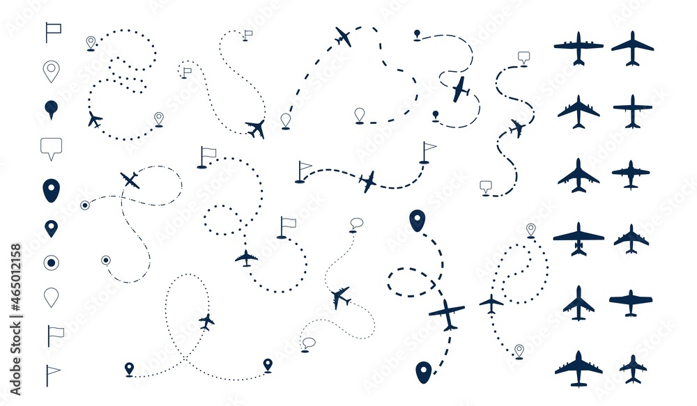 Aircraft routes. Aviation dotted journey, plane flight lines. Airplane ...