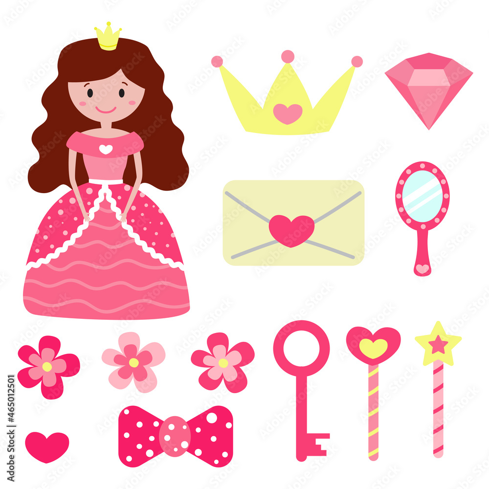 Set of cute cartoon princess in beautiful pink dress and her ...