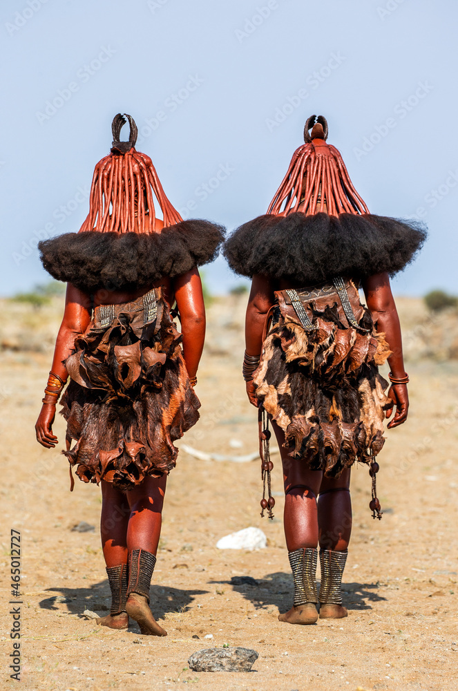 Two women of the Himba tribe are walking in the desert. Stock Photo ...