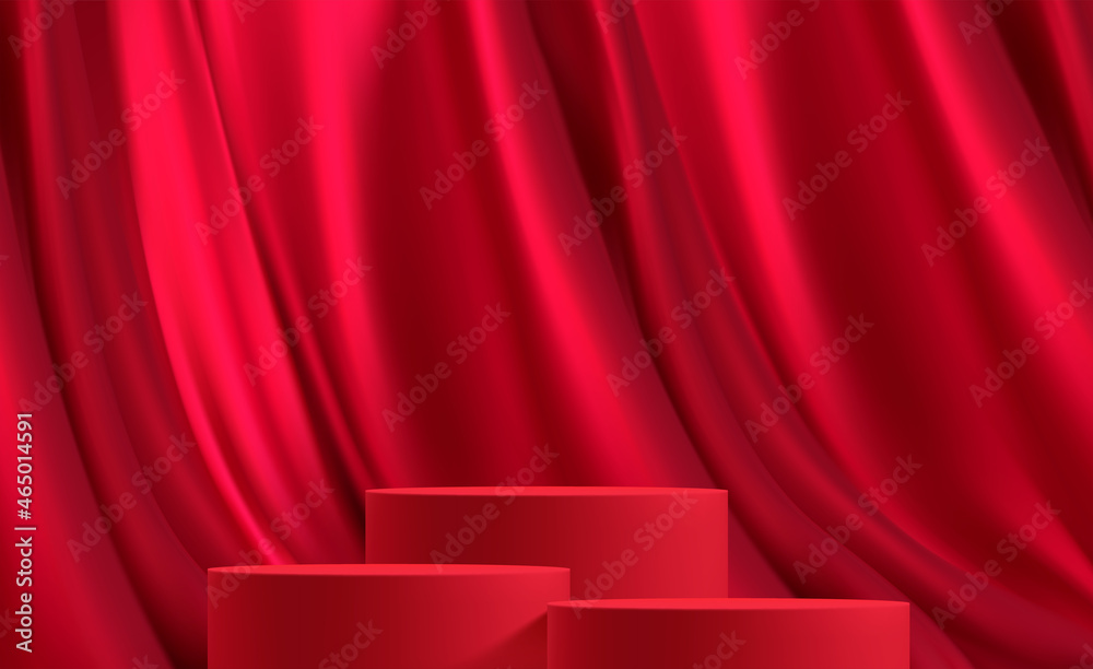 Realistic 3d red product podium on red silk background. Red product ...