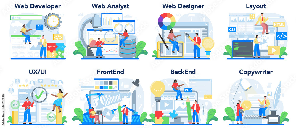 Web development concept set. Creating and presenting content Stock ...