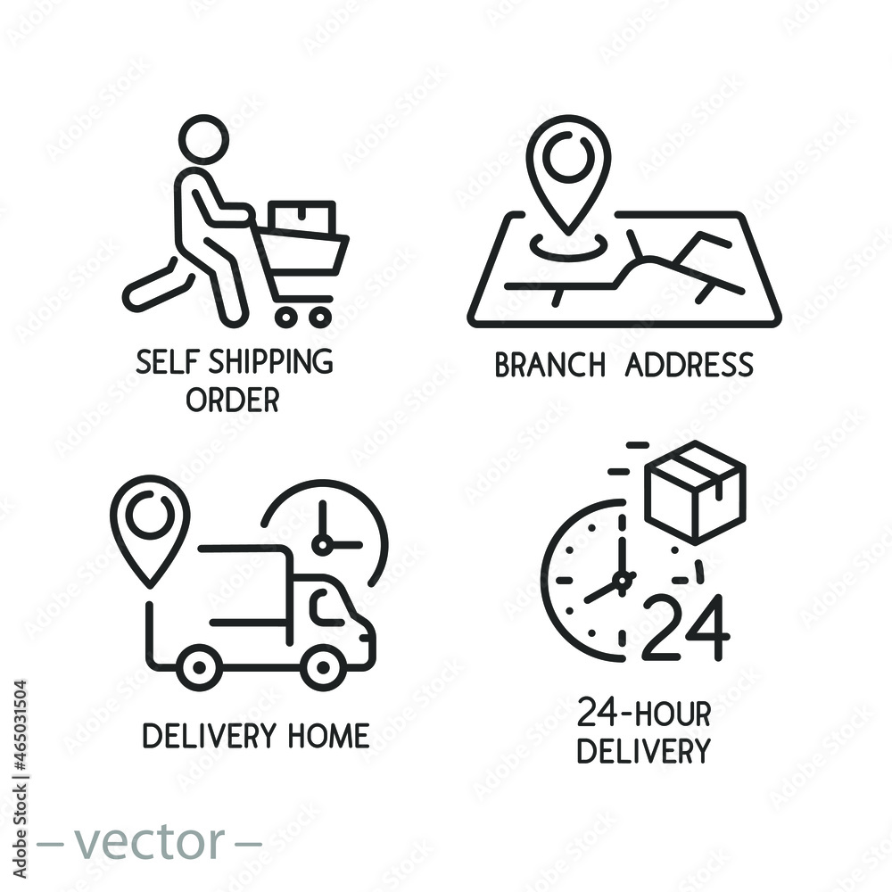delivery icon set, store pickup, fast order at home, branch address, 24 ...