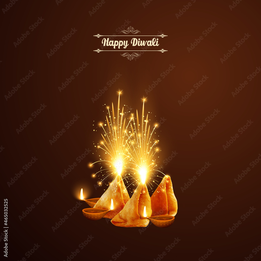 Happy Diwali, A creative poster of Diwali food. Samosa the Indian fast ...