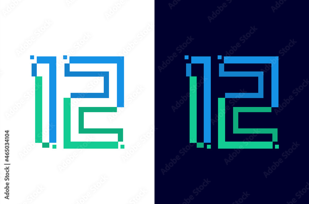 Number 12 digital logo design with pixel icon for technology template ...