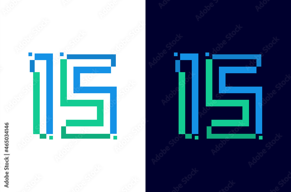 Number 15 digital logo design with pixel icon for technology template ...