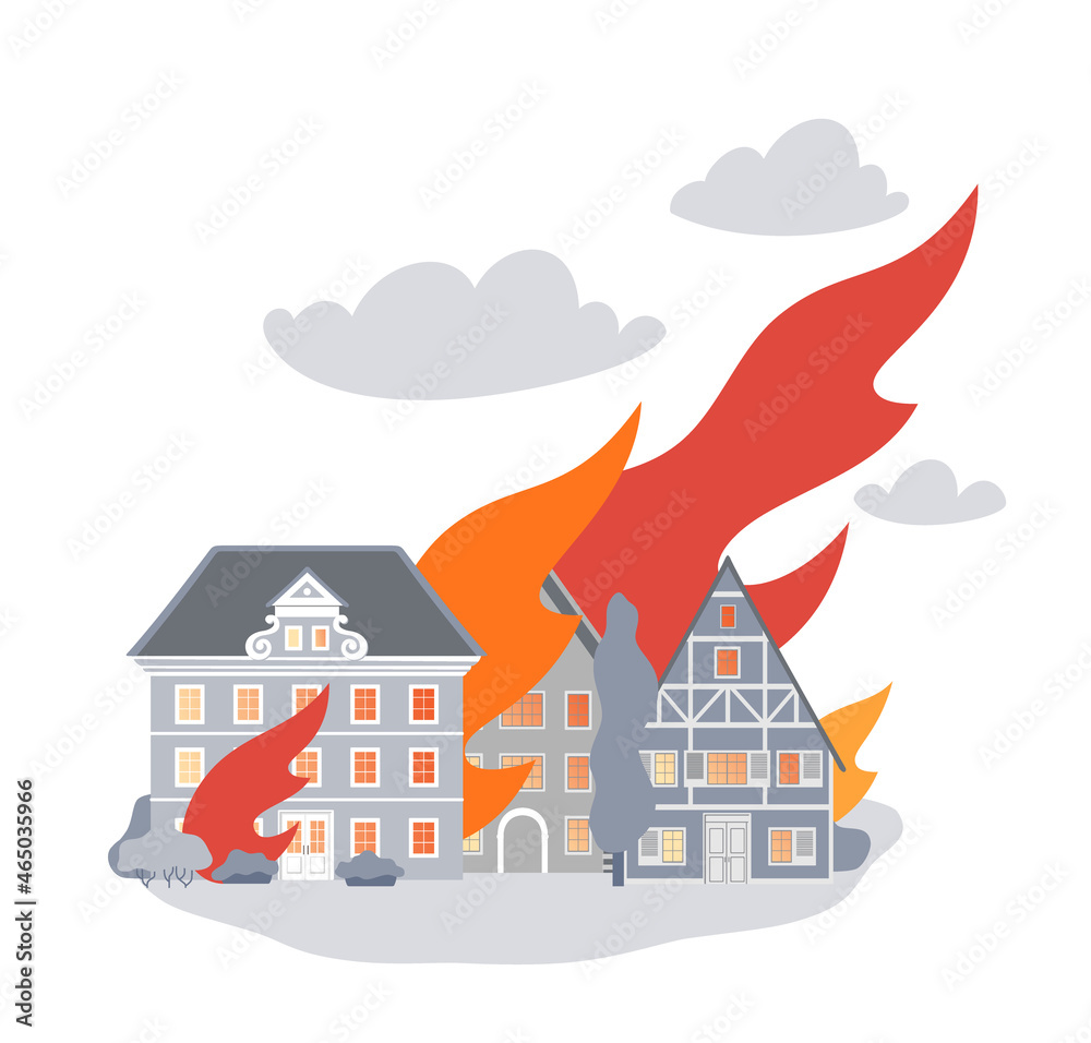 Fire in residential areas. Illustration of fire and burning houses ...