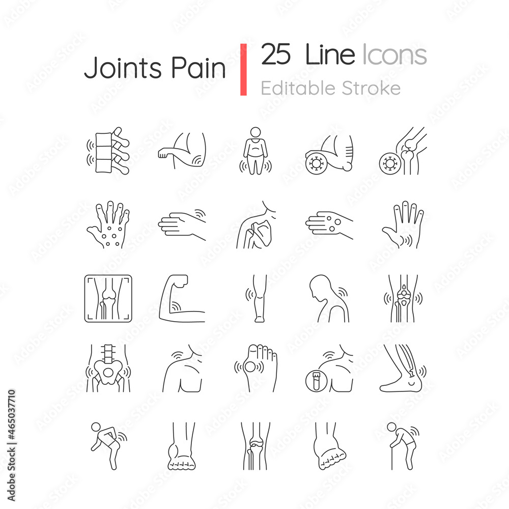 Joints pain linear icons set. Rheumatic diseases. Arthritis development ...