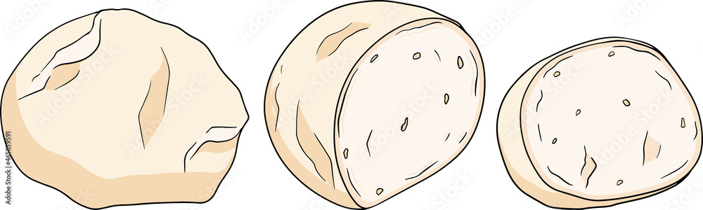 Mozzarella cheese ball, slice and pieces. Hand drawn colored sketch ...