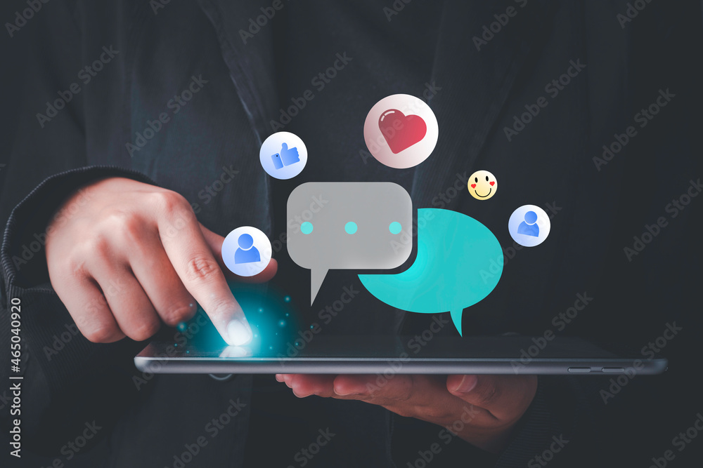 Live Chat on Communication social network Concept. Person hand using ...