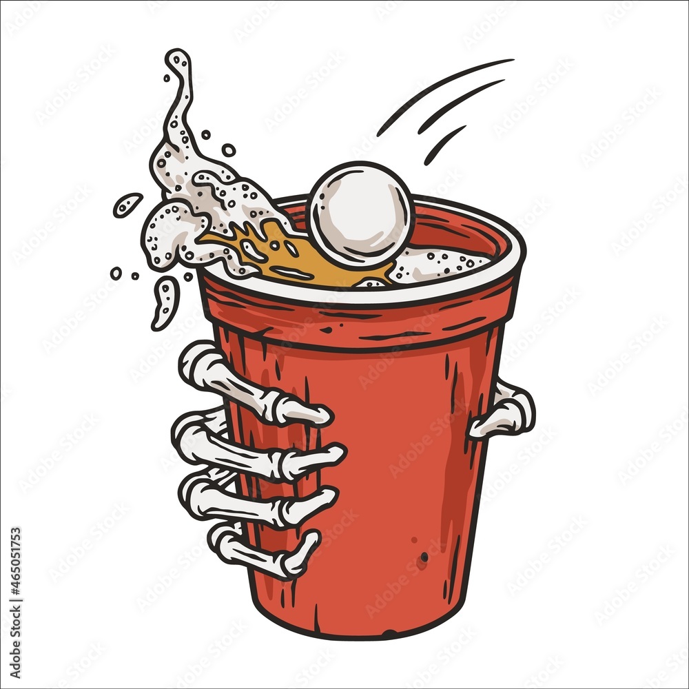 Beer pong game. Beer cup with skeleton hand, flying ball and foam ...