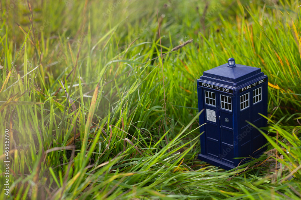 Police public call box on green grass. Blue police box from London as ...