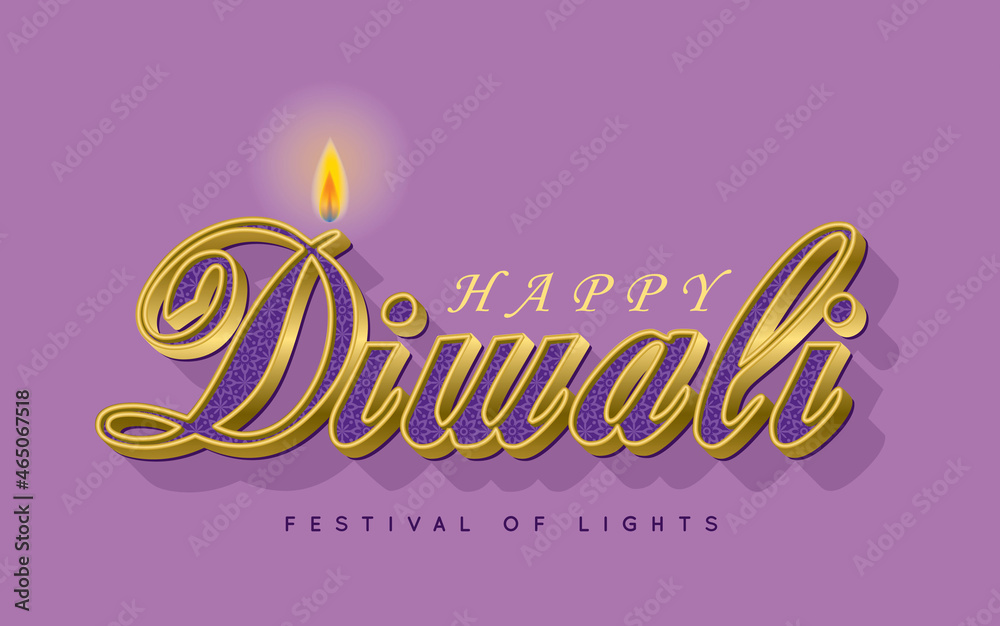 3D realistic Diwali typographic with flame in gold and purple color ...