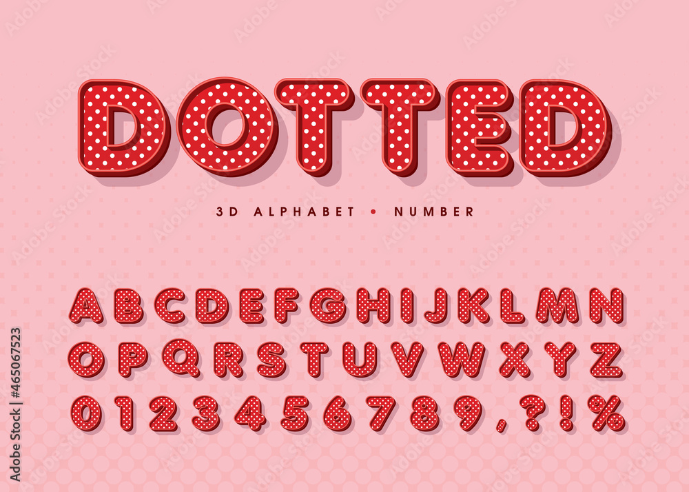 3D red polka dot alphabet letters and number. Round dotted font or ...