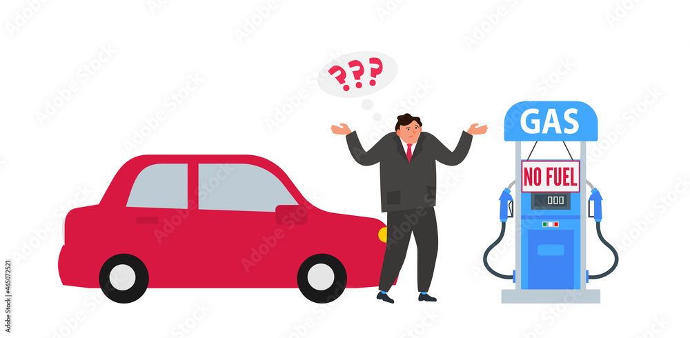upset driver man and his car near the gas station with no fuel sign ...