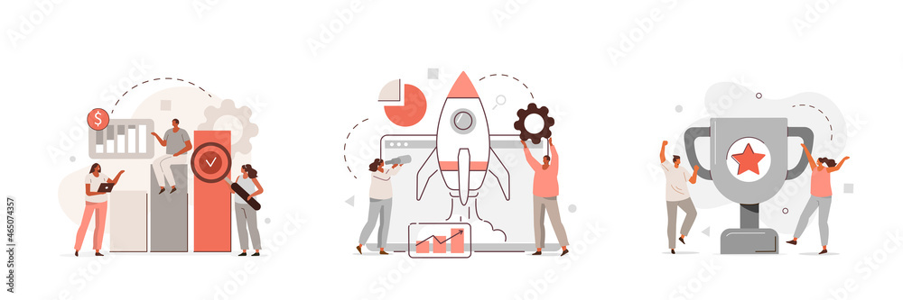 Creative characters standing near gold cup and celebrating business ...