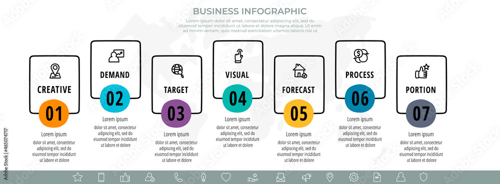 Hand-drawn vector line infographics with 7 rectangles and icons. Flat ...