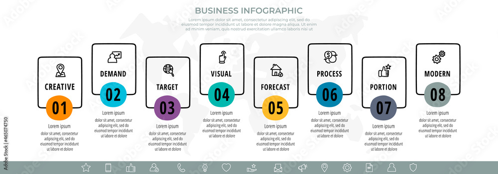 Hand-drawn vector line infographics with eight rectangles and icons ...