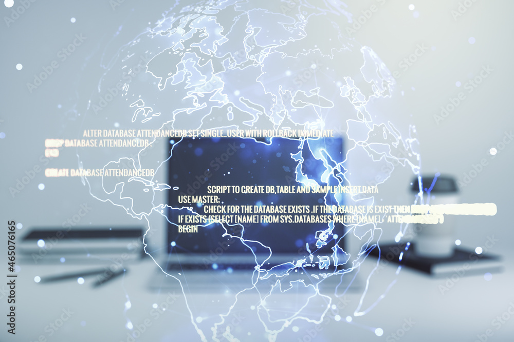 Multi exposure of abstract creative coding sketch with world map on ...