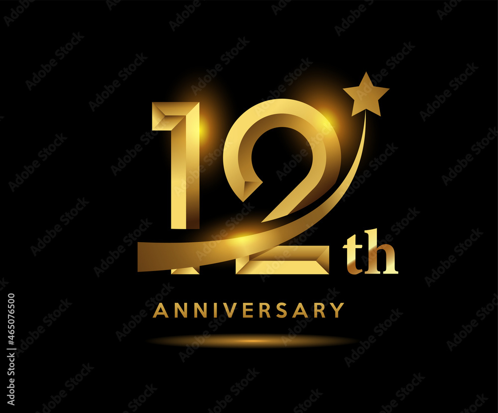 Golden 12 year anniversary celebration logo design with star symbol ...