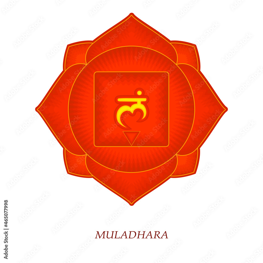 The first chakra of Muladhara. Root chakra with Hindu Sanskrit. Red is ...