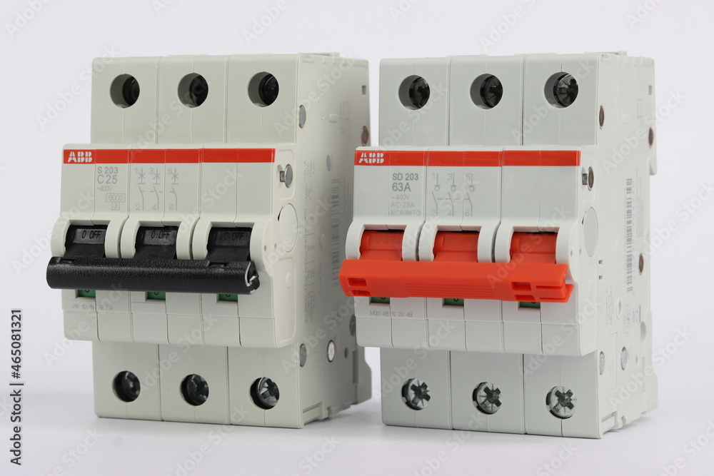 3-pole circuit breaker ABB S203 25A 6 kA type C with din rail mounting.Modular switch ABB 3-pole ...