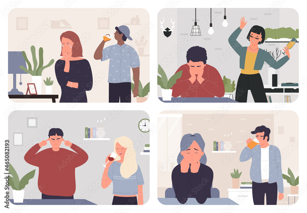 Family alcohol addiction problems vector illustration set. Cartoon ...