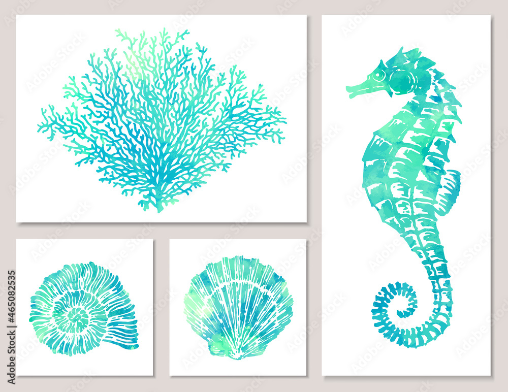 Set of sea elements in blue watercolor style: seashells, starfish ...