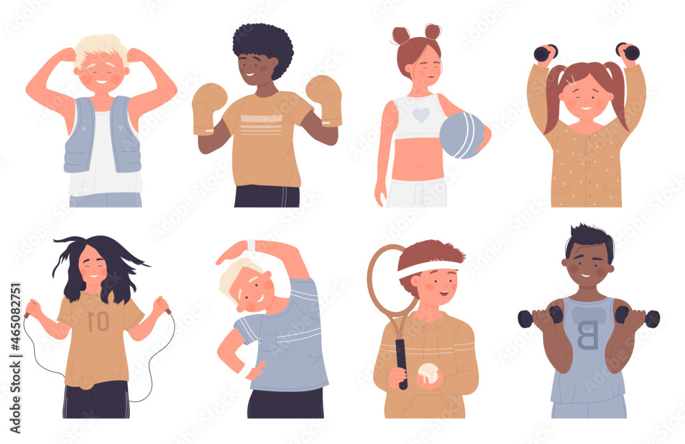 Happy kids do sport exercises isolated vector illustration set. Cartoon ...