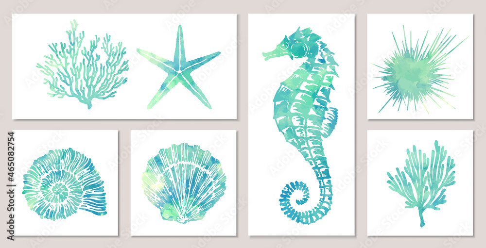 Set of sea elements in blue watercolor style: seashells, starfish ...