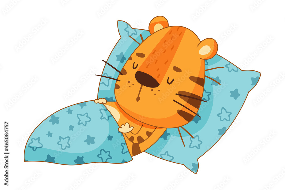Cute little tiger sleeping in bed. Adorable baby animal character ...