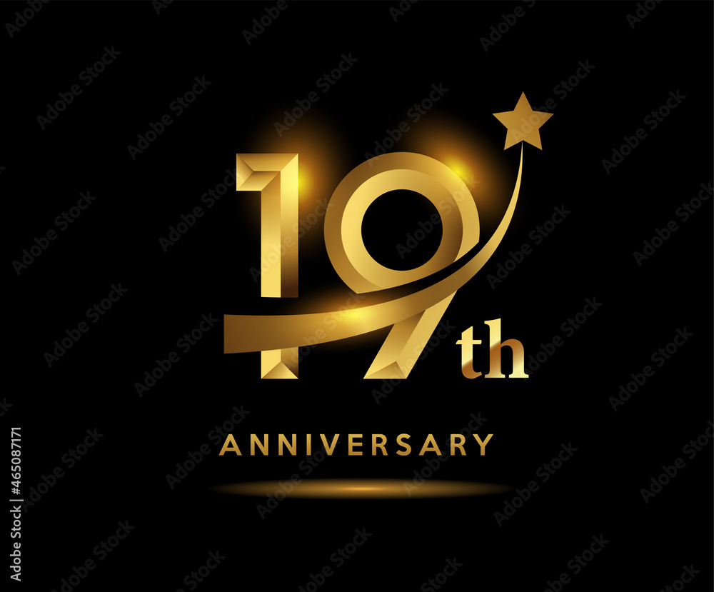 Golden 19 year anniversary celebration logo design with star symbol ...