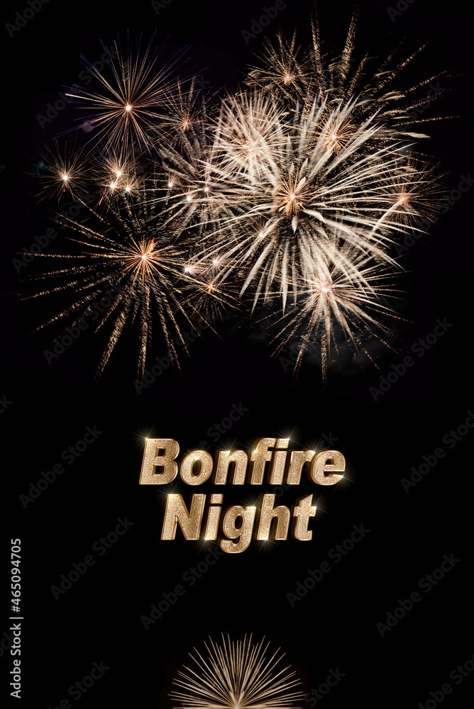 Bonfire Night pyrotechnic background with golden text in a night black ...