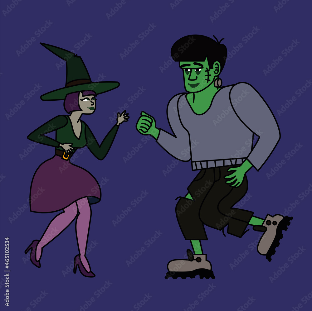 witch woman and monster man dance together at halloween party, couple ...