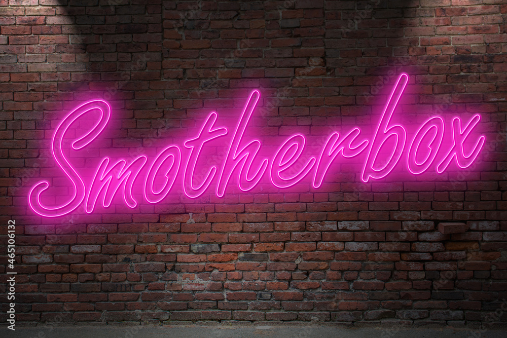 Leuchtreklame Smotherbox Facesitting an Ziegelsteinmauer Stock ...