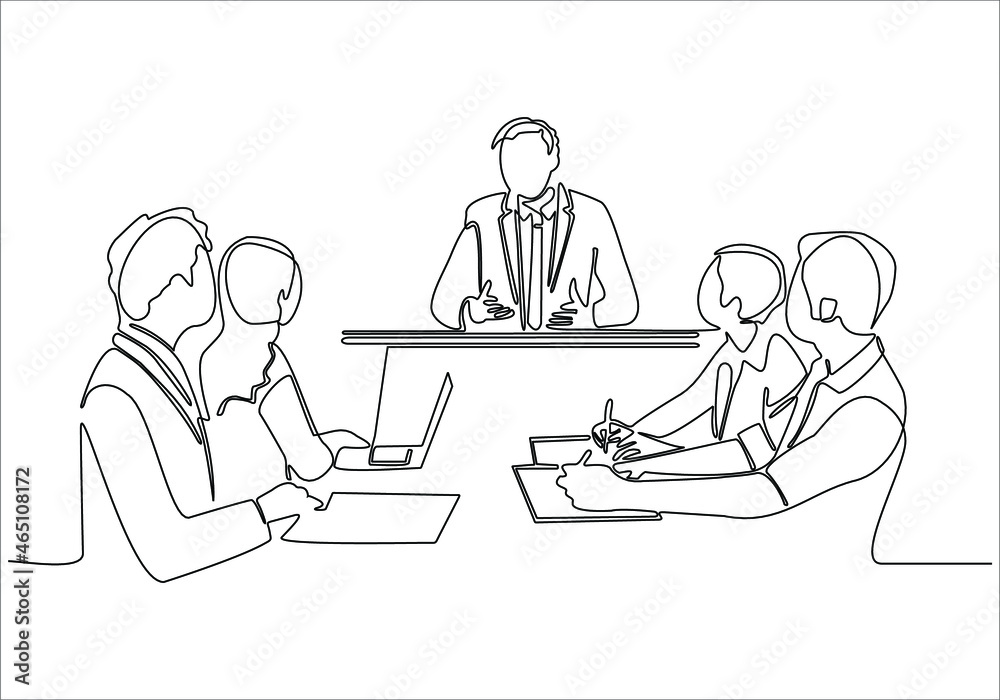 continuous line drawing of office workers at business meeting Stock ...