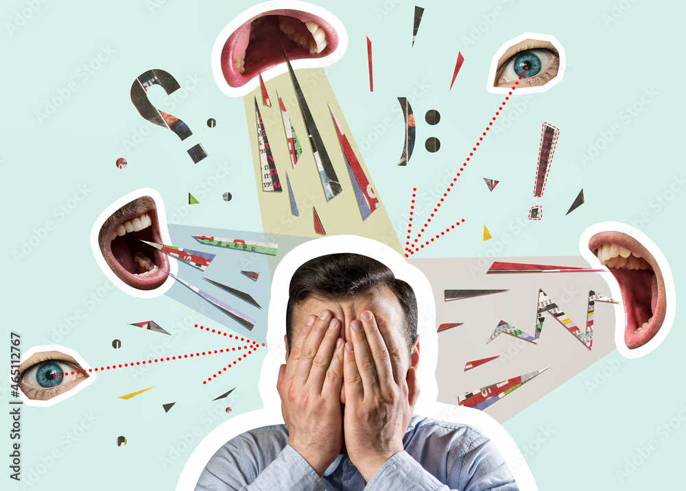 Collage with a man covering his face and screaming mouths. Bullying ...