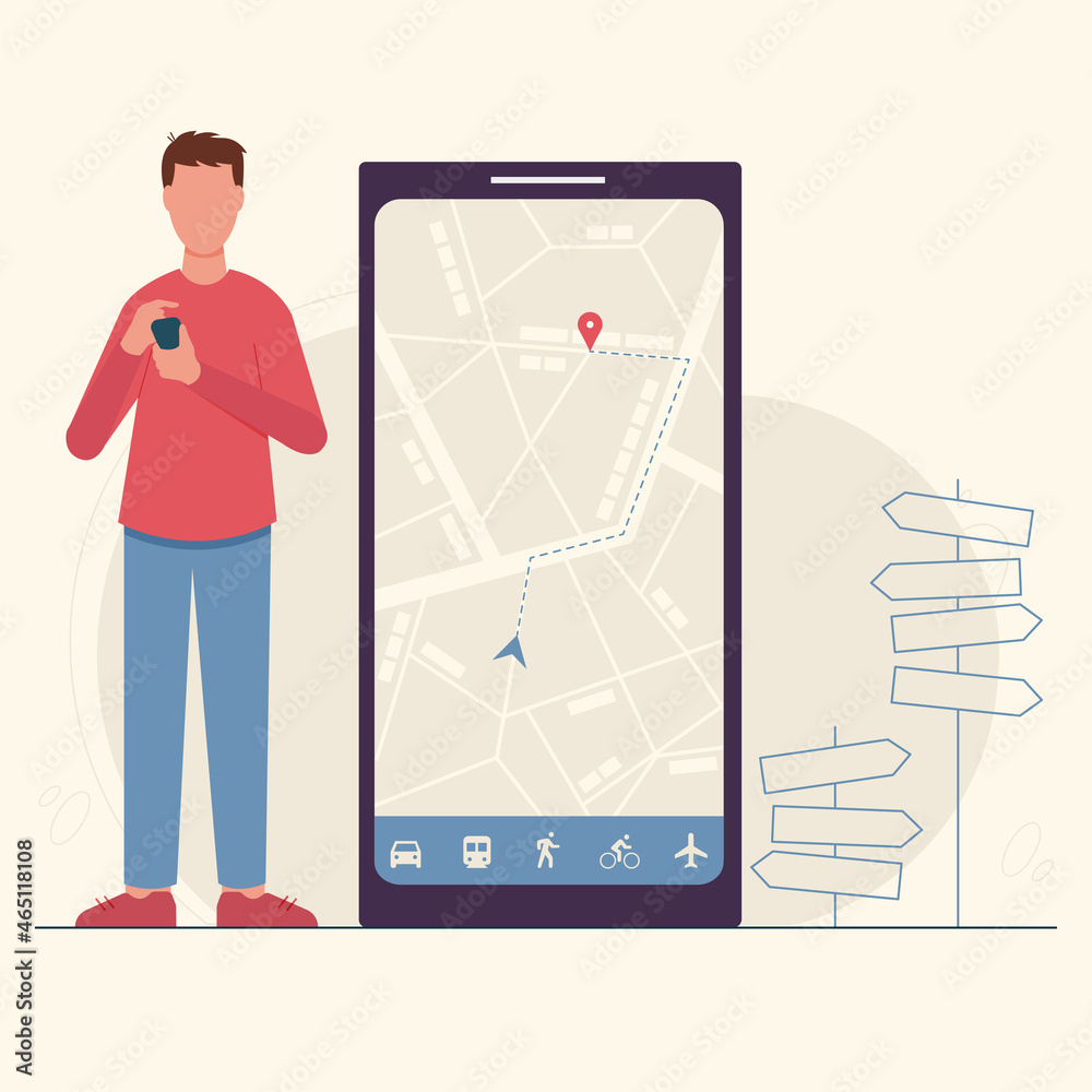 GPS navigation mobile app concept. Man searching itinerary or location ...
