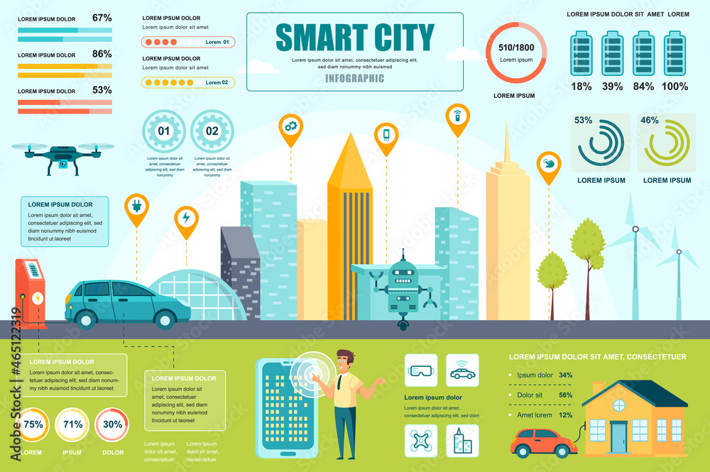 Smart city concept banner with infographic elements. Smart services ...