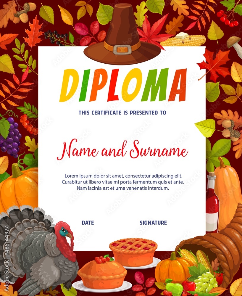 Kids diploma with thanksgiving turkey, cornucopia, pie, butternut ...