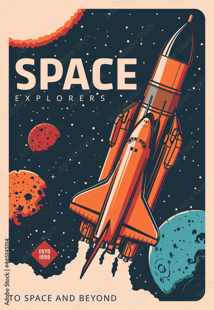 Spaceship in galaxy retro poster. Space exploration and research, solar ...