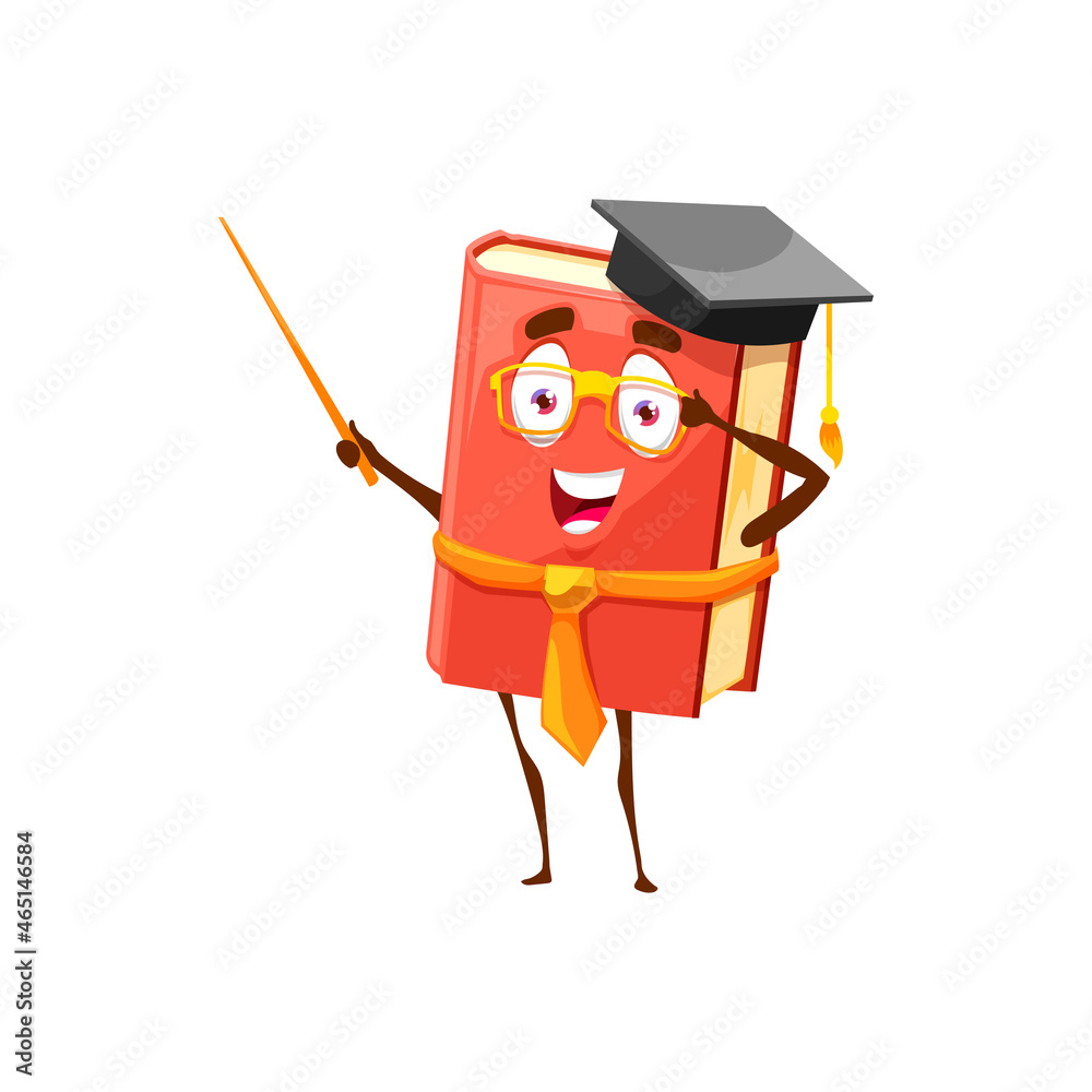 Funny cartoon kids textbook in tie, mortarboard hat, glasses and ...